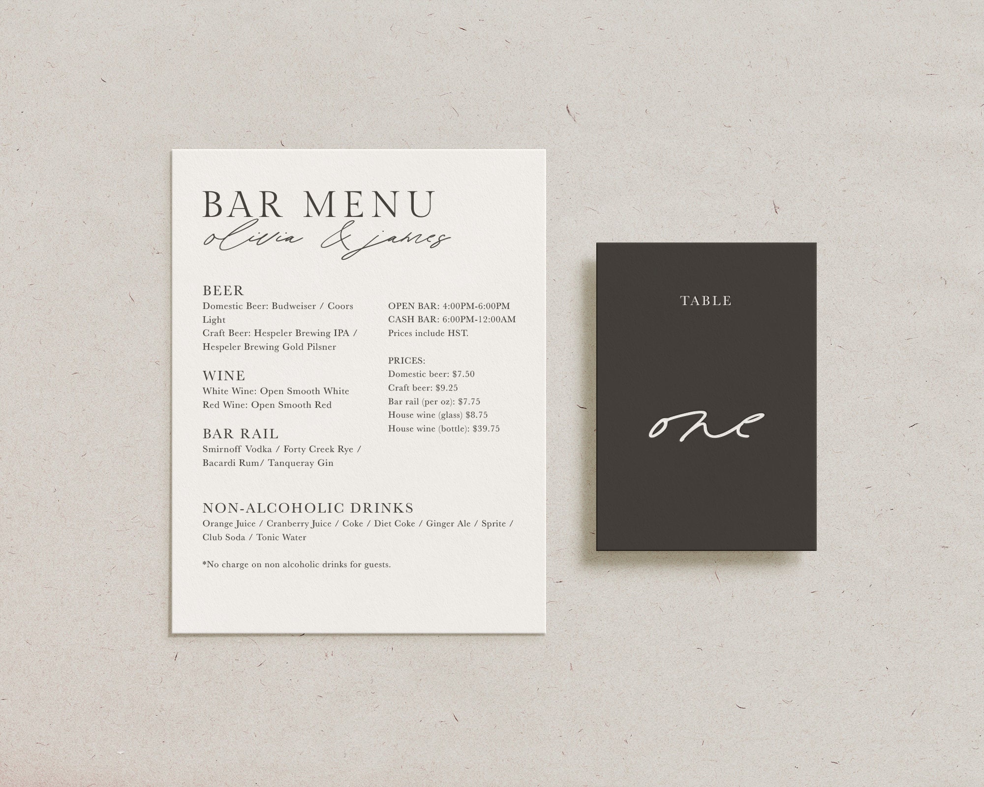 Custom Modern Wedding Bar Menu Card, Minimalist Printed Reception Decor ...