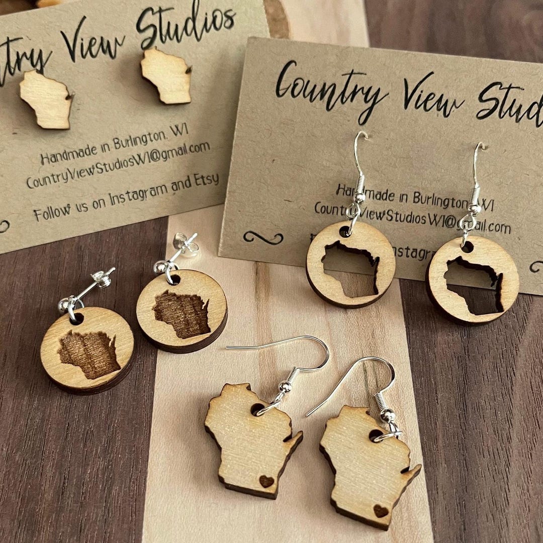 Wisconsin Wooden Earrings - Laser Cut Engraved Baltic Birch Stud Dangle ...