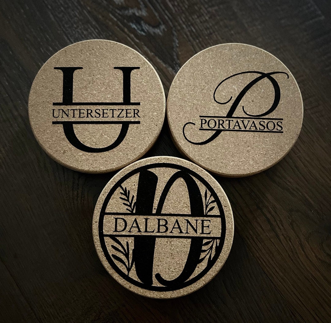 Set of 4 Natural Cork Coasters - Laser Engraved Custom Monogrammed and ...