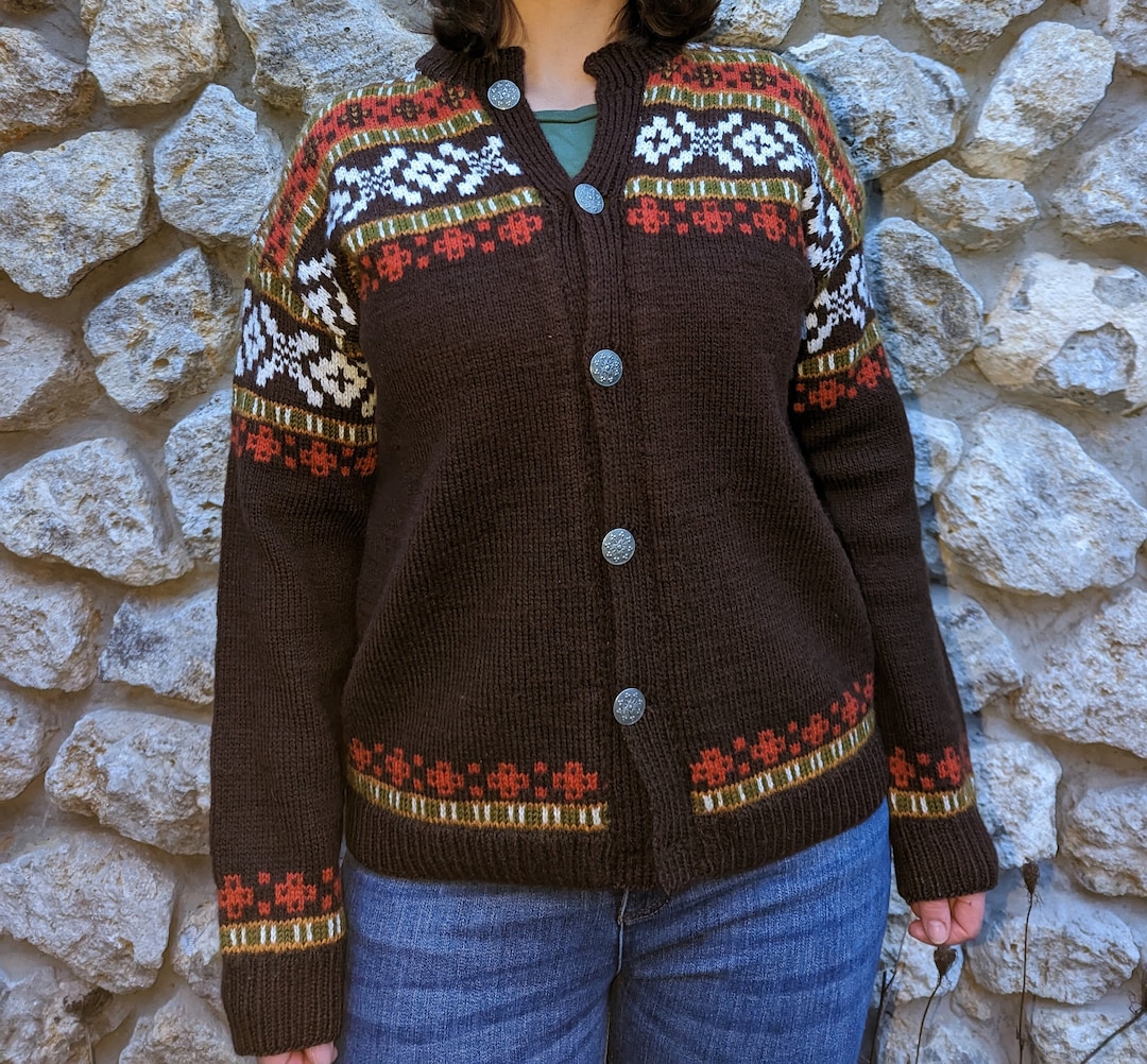 Brown Wool Cardigan Nordic Pattern Size M - Etsy