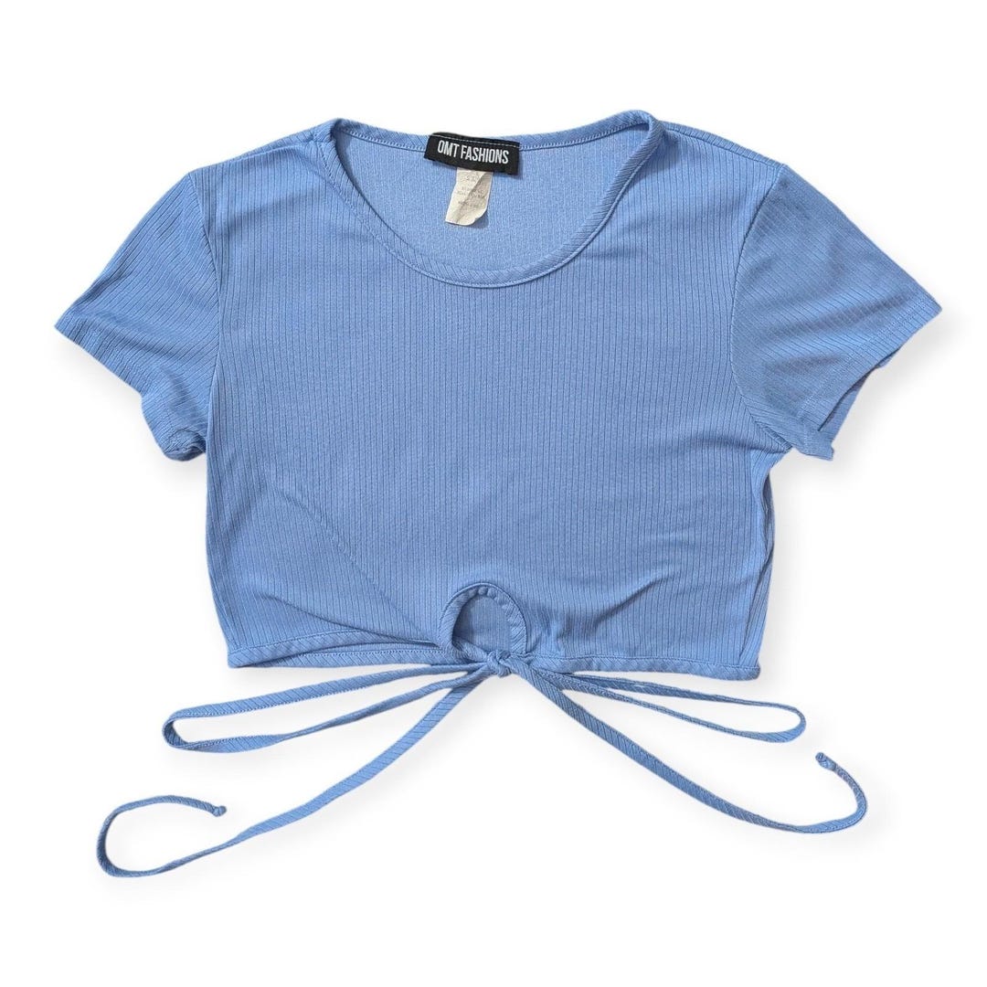 Vintage OMT Fashions Blue Ribbed Tie-front Crop Top Y2K Women's Small ...