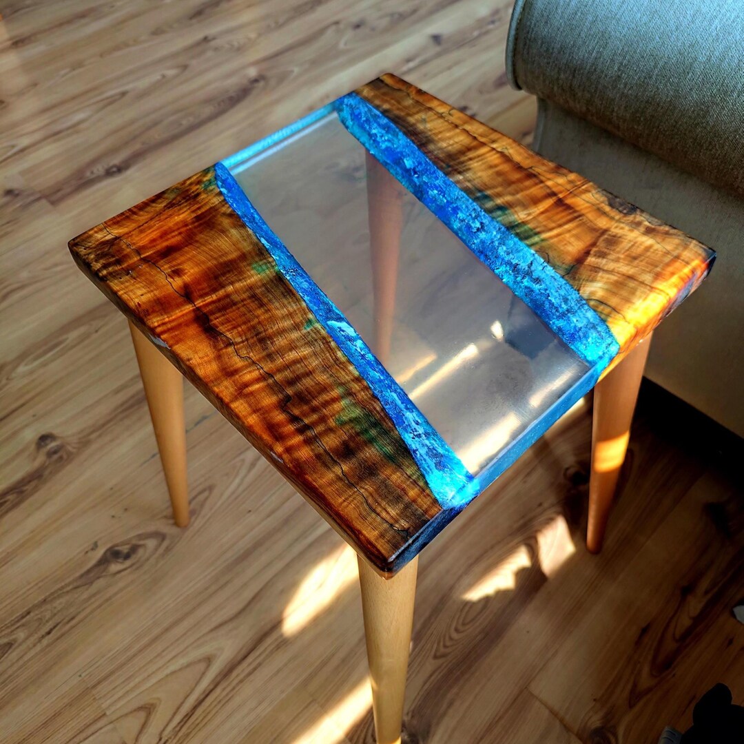 Handmade Resin Coffee Table: Mazel Wood & Blue Pigment, Beech Legs - Etsy