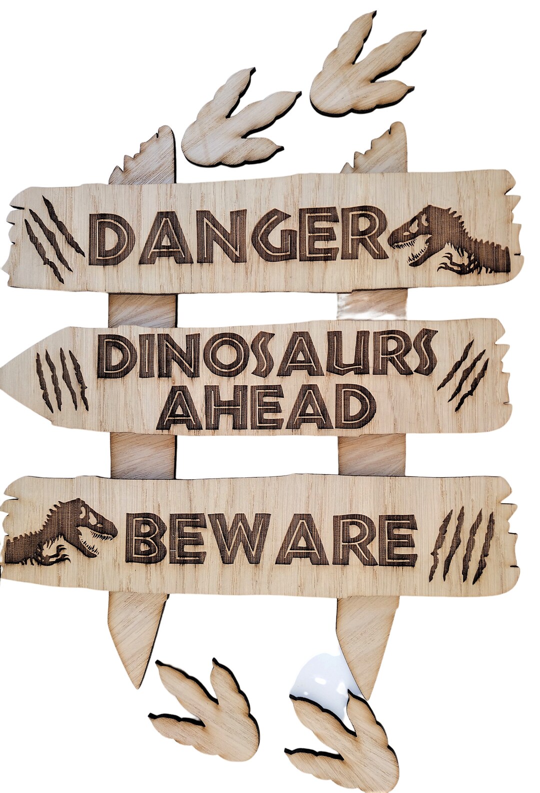 Wooden Oak Veneer Dinosaur Sign, Beware, Danger, Dinosaurs Ahead ...