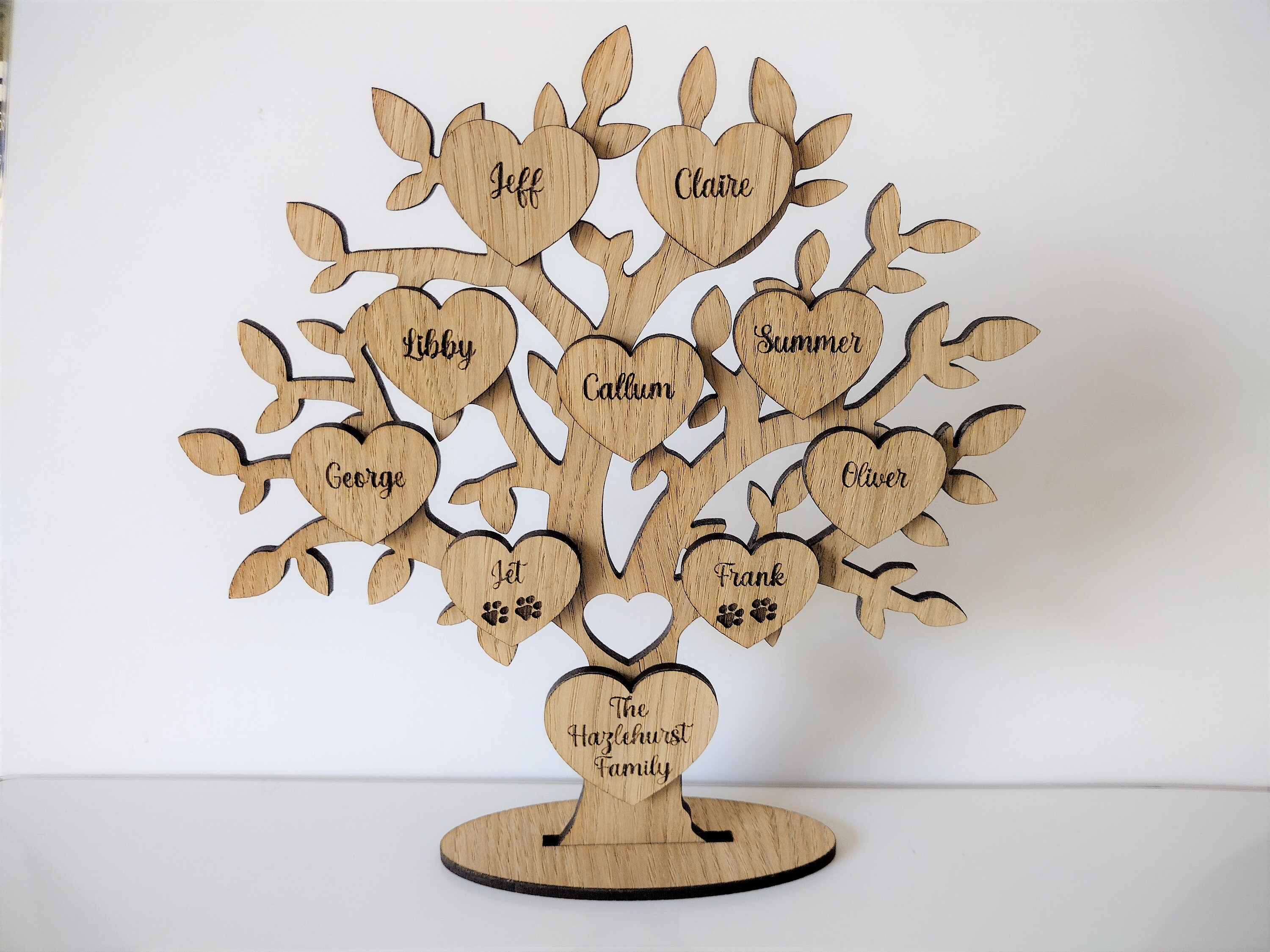 Wooden Oak Family Tree With up to Ten Personalised Hearts - Etsy UK