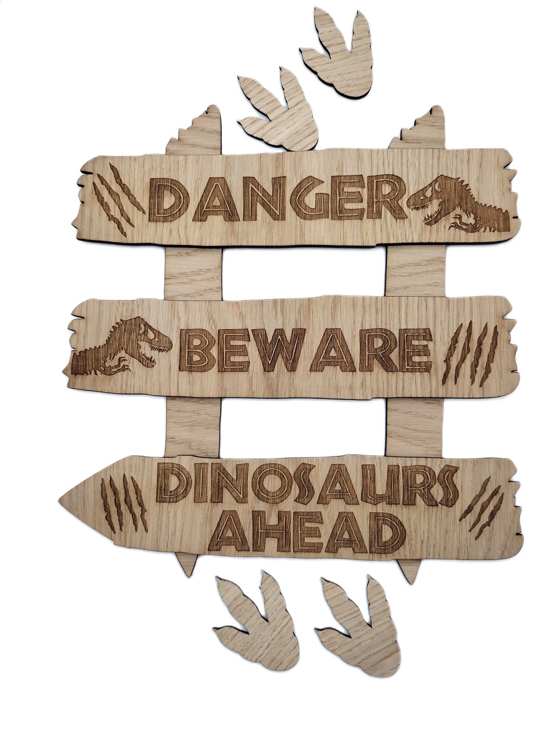Wooden Oak Veneer Dinosaur Sign, Beware, Danger, Dinosaurs Ahead ...