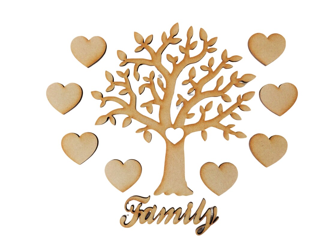 193 Wooden Family Tree Set With Eight Hearts MDF Laser Cut, Craft Blank ...