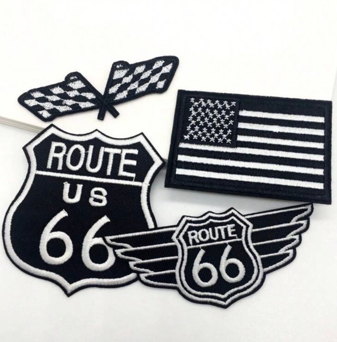 4 Piece Checkered Flag Route 66 American Flag Embroidered Iron on Patches, Trucker Hat Patches ...