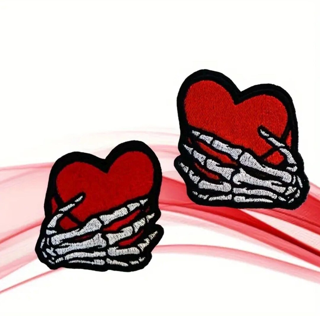 2pc Goth Skeleton & Heart Embroidered Iron on Patch, Skull Finger Patch, Hat Patches, Skull ...
