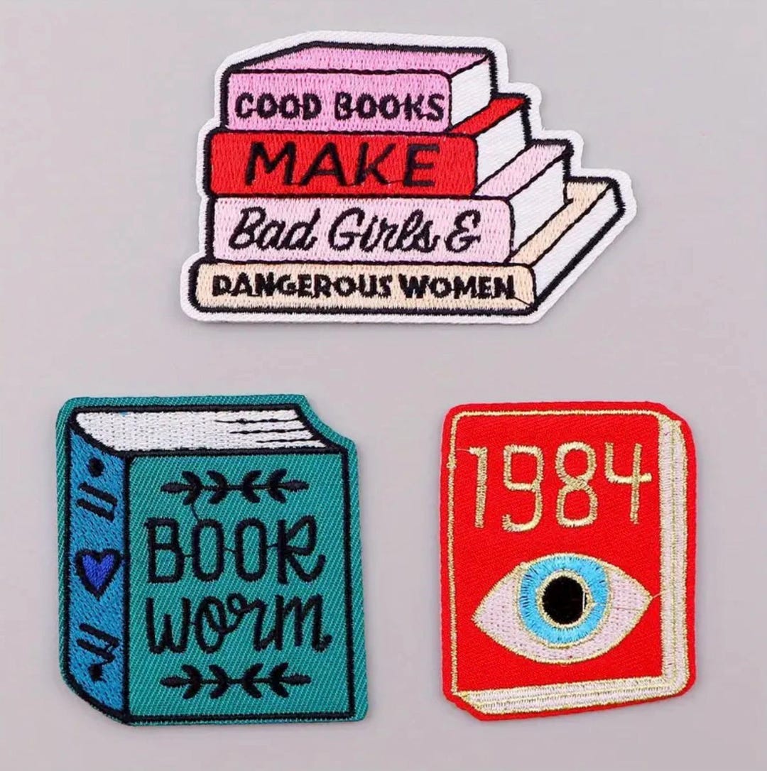 Book Embroidered Iron on Patches, 1984 Eye Book Patch, Book Worm Patch ...