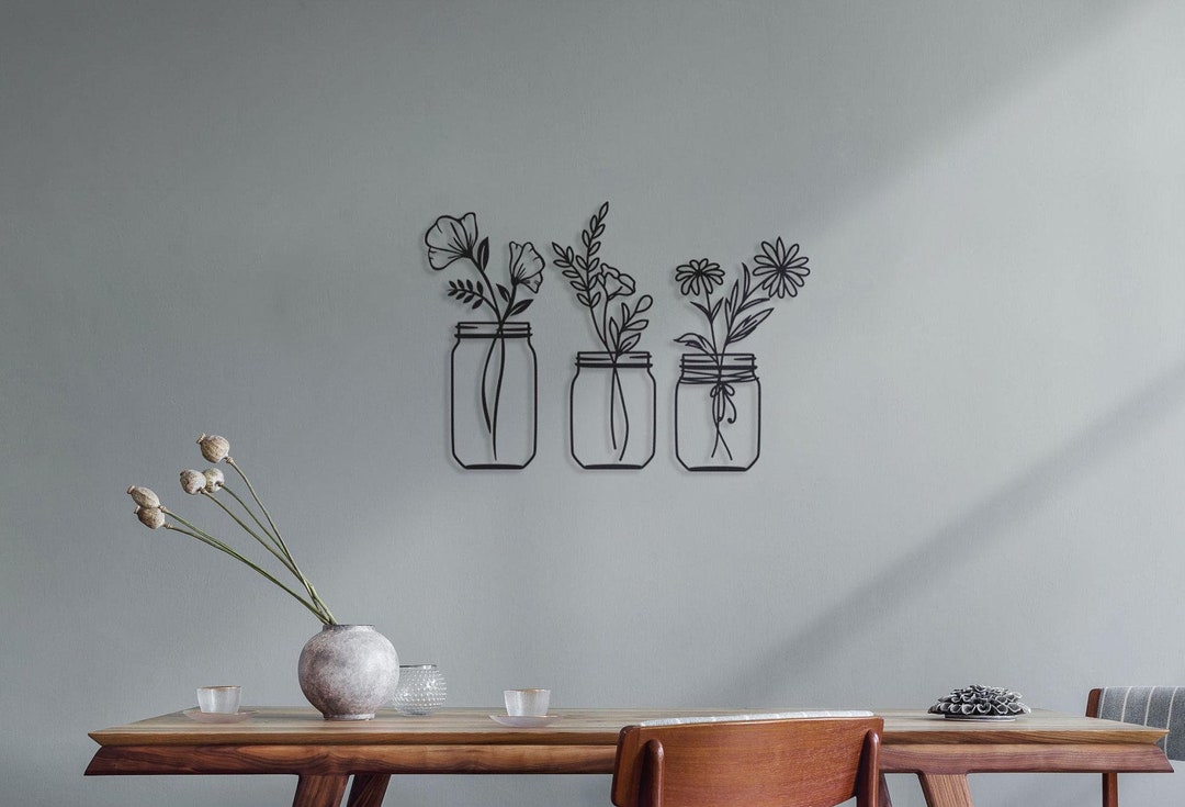 Metal Flower Mason Jar Wall Art, Floral Silhouette Wall Art Metal, 3 ...