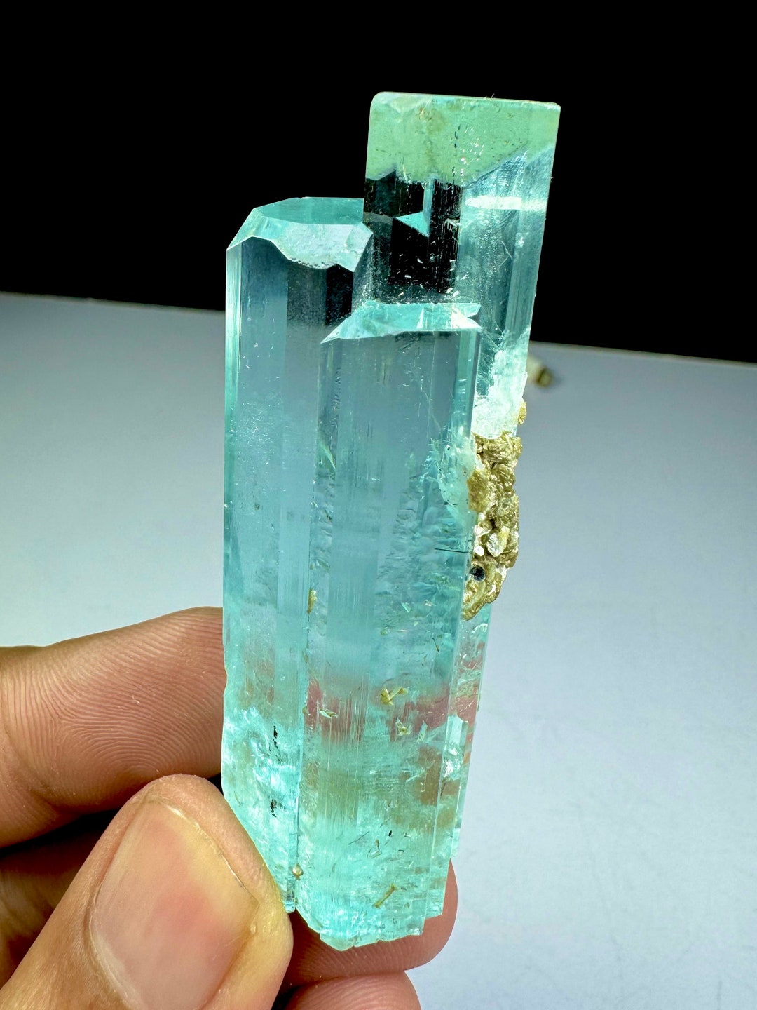 Transparent Blue Aquamarine Crystal With Tourmaline Inclusions Inside ...
