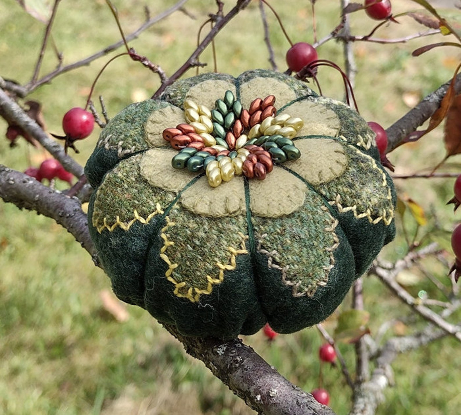 Embroidered Wool Pin Cushion: Tomato Style, Beaded Pinwheel Center ...