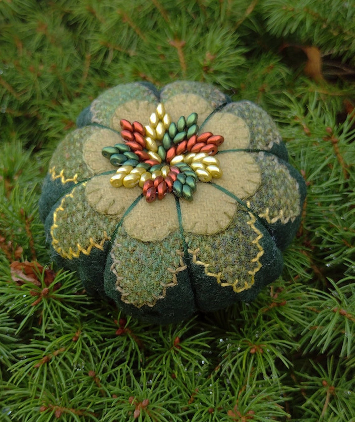 Embroidered Wool Pin Cushion: Tomato Style, Beaded Pinwheel Center ...
