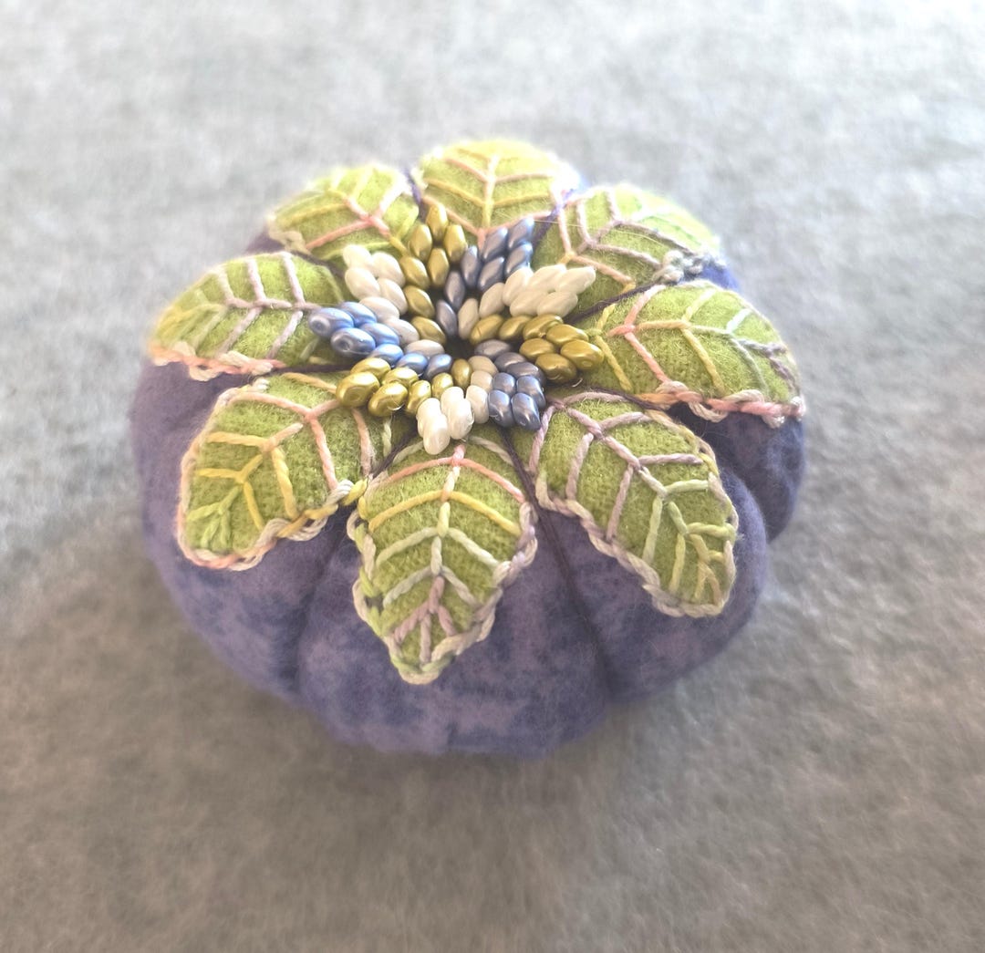 Embroidered Wool Pin Cushion: Beaded Pinwheel, Walnut Filling - Etsy