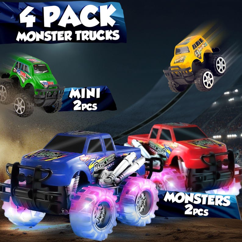 LED Monster Truck Toy Car 4-pack: Push & Pull, Ages 3+ - Etsy