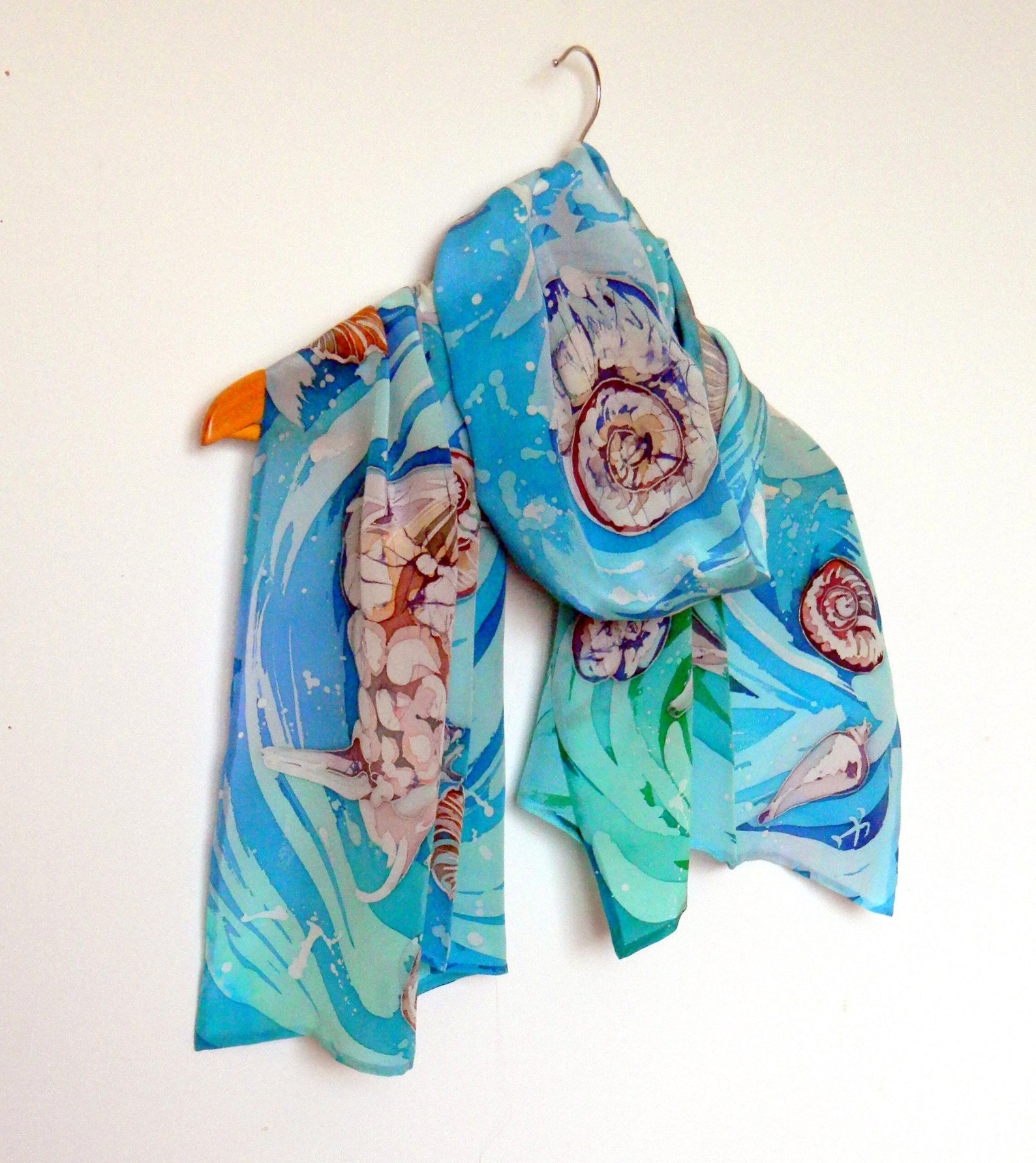 Sea Scarf Blue Scarf With Seashells Handpainted Silk Scarf for Her ...