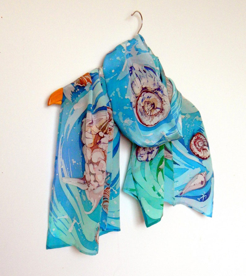 Sea Scarf Blue Scarf With Seashells Handpainted Silk Scarf for Her ...