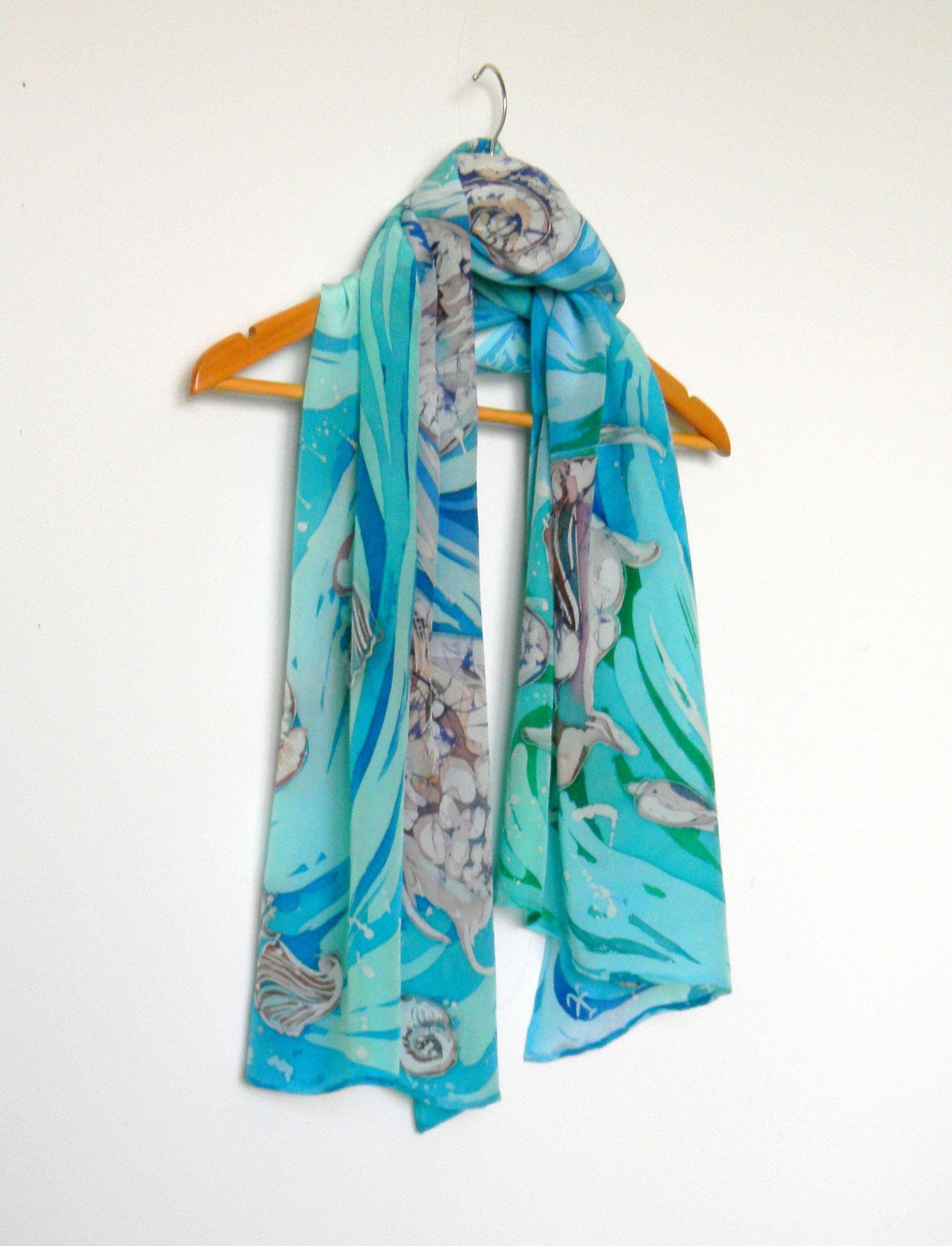 Sea Scarf Blue Scarf With Seashells Handpainted Silk Scarf for - Etsy