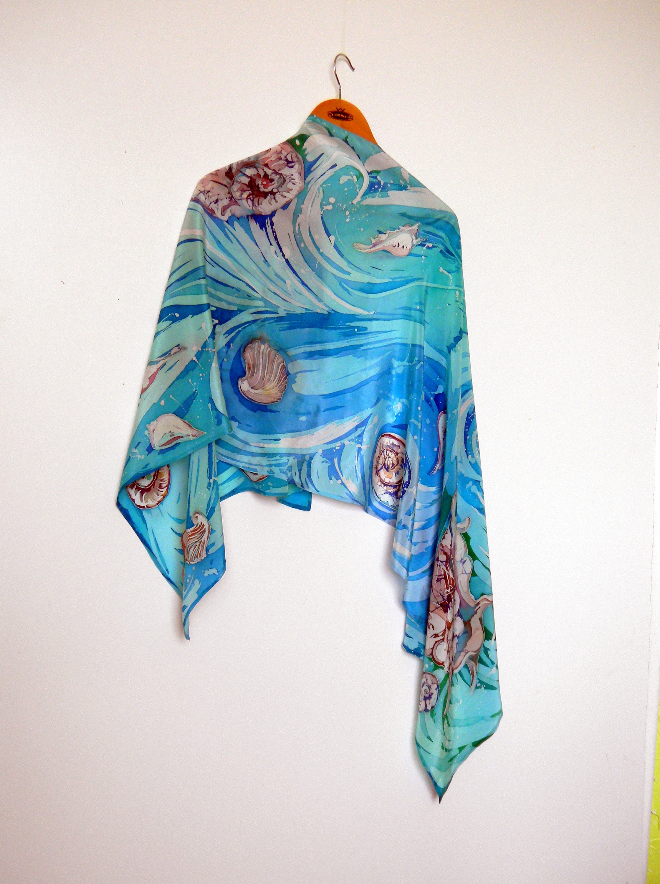 Sea Scarf Blue Scarf With Seashells Handpainted Silk Scarf for - Etsy