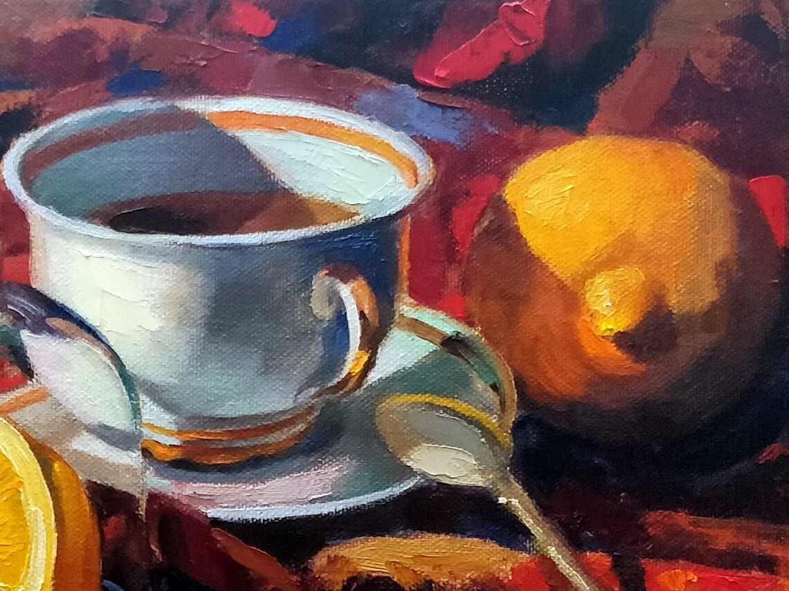 Still Life Original Oil Painting on Canvas Tea Cup and Lemons Painting ...