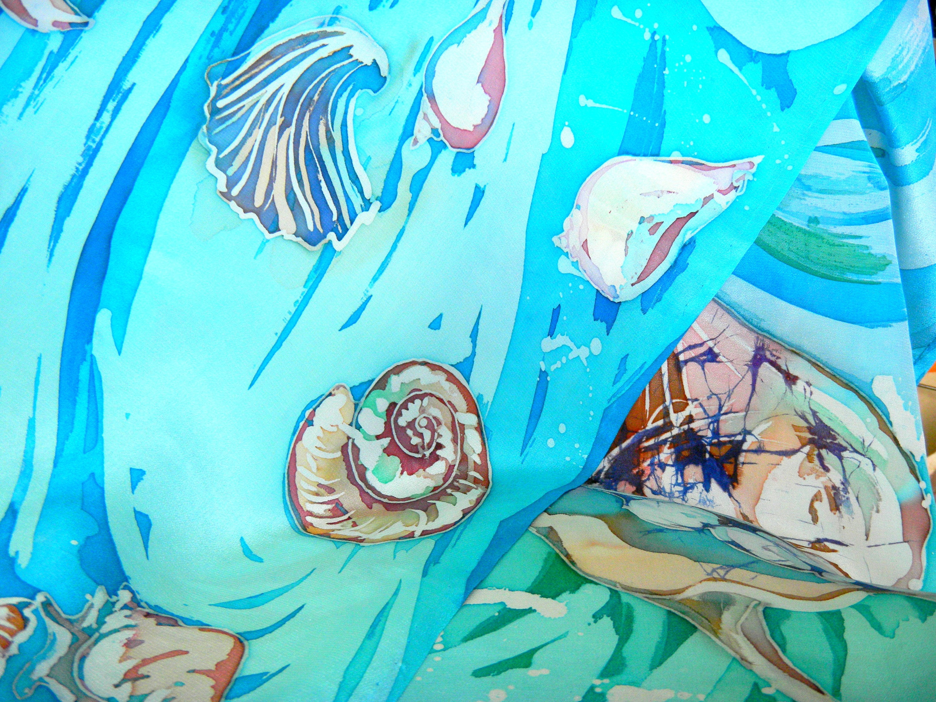 Sea Scarf Blue Scarf With Seashells Handpainted Silk Scarf for - Etsy