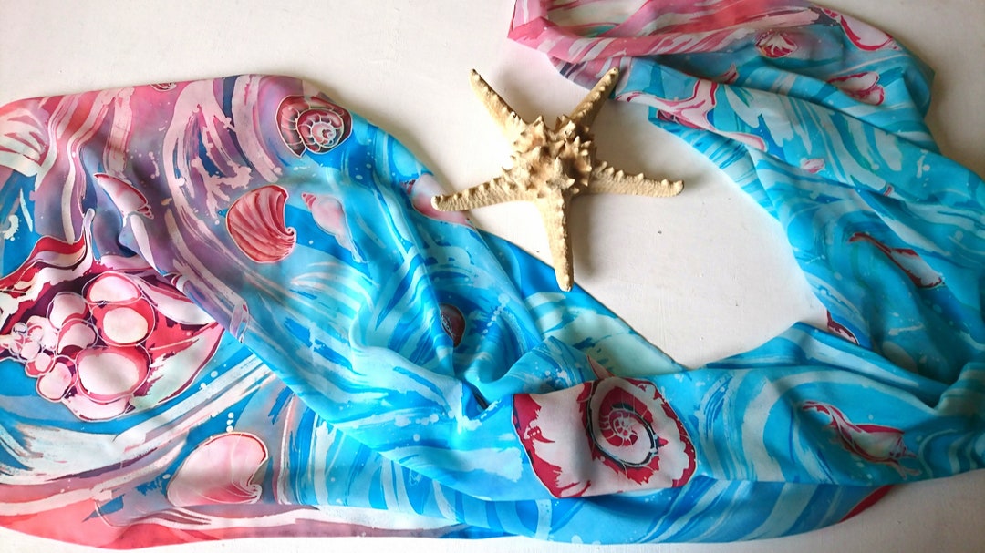 Seashells Silk Scarf, Blue Sea Waves, Tropical Beach, Wedding Scarf ...