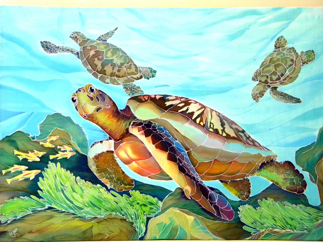 Painting on Silk Sea Turtles, Batik Decor, Wall Hanging, Original ...