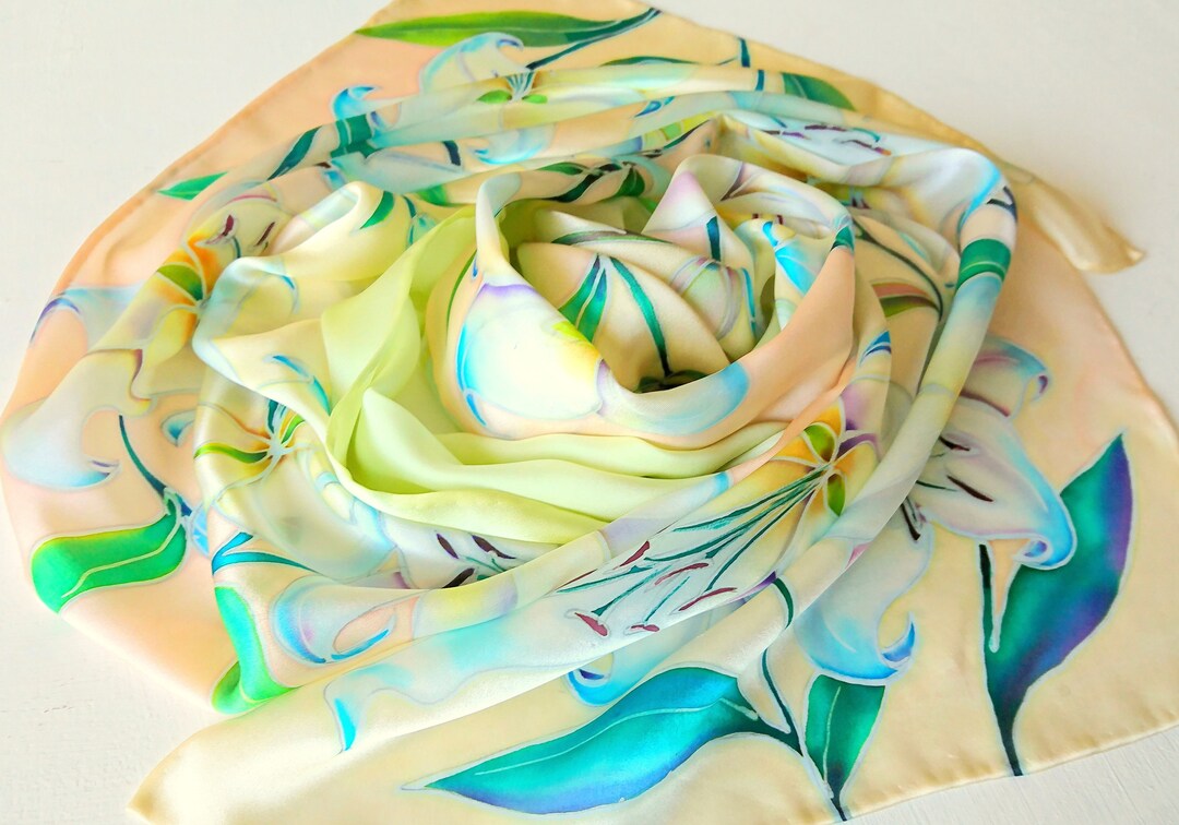 White Bridal Shawl, Hand Painted Scarf, Wedding Shawl, Lily Scarf ...
