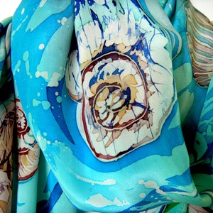 Sea Scarf Blue Scarf With Seashells Handpainted Silk Scarf for Her ...
