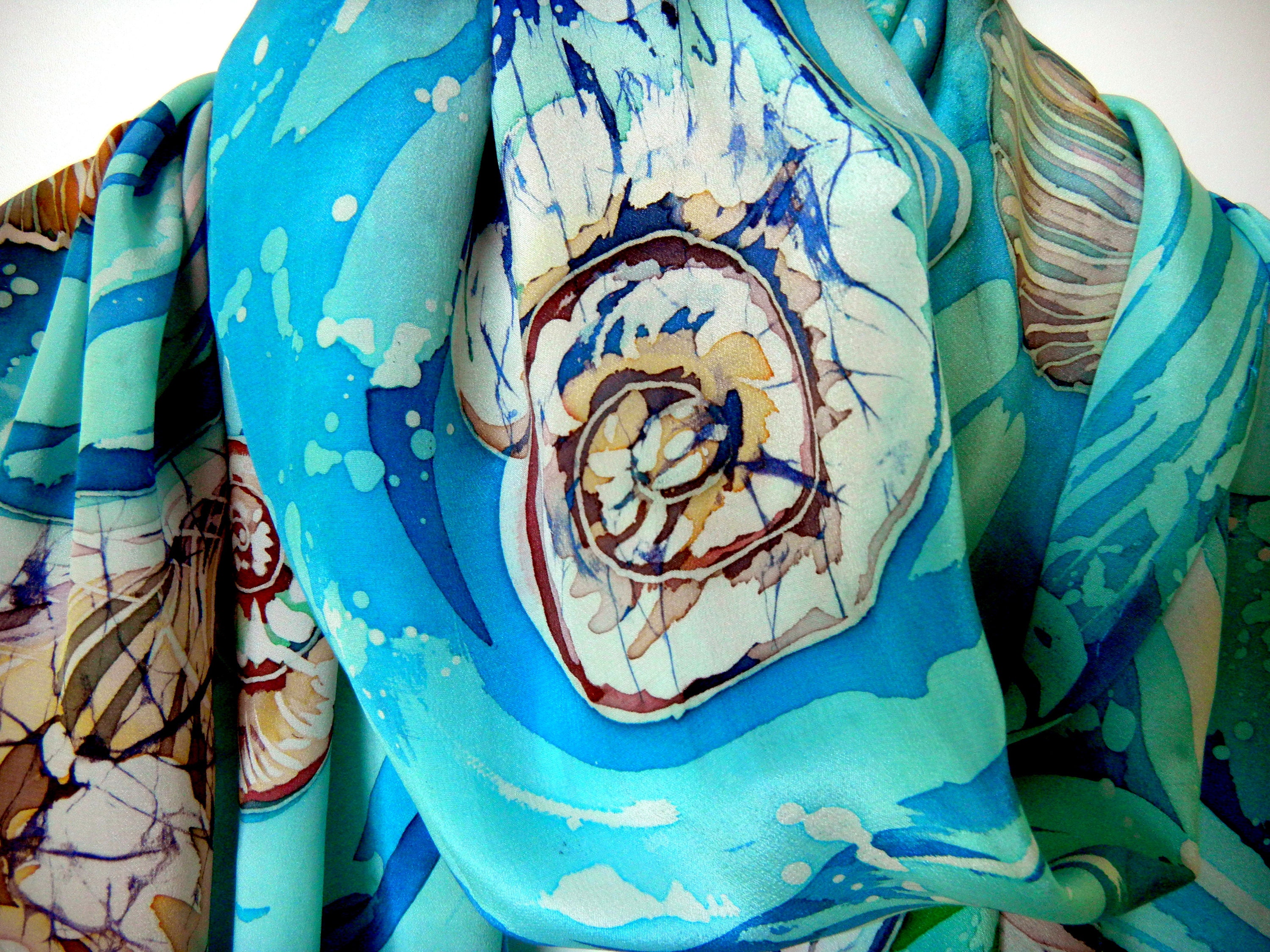Sea Scarf Blue Scarf With Seashells Handpainted Silk Scarf for - Etsy