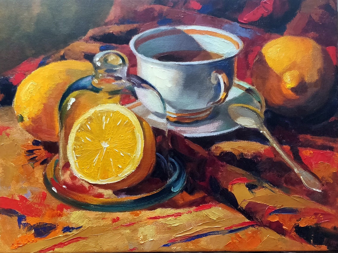 Still Life Original Oil Painting on Canvas Tea Cup and Lemons Painting ...