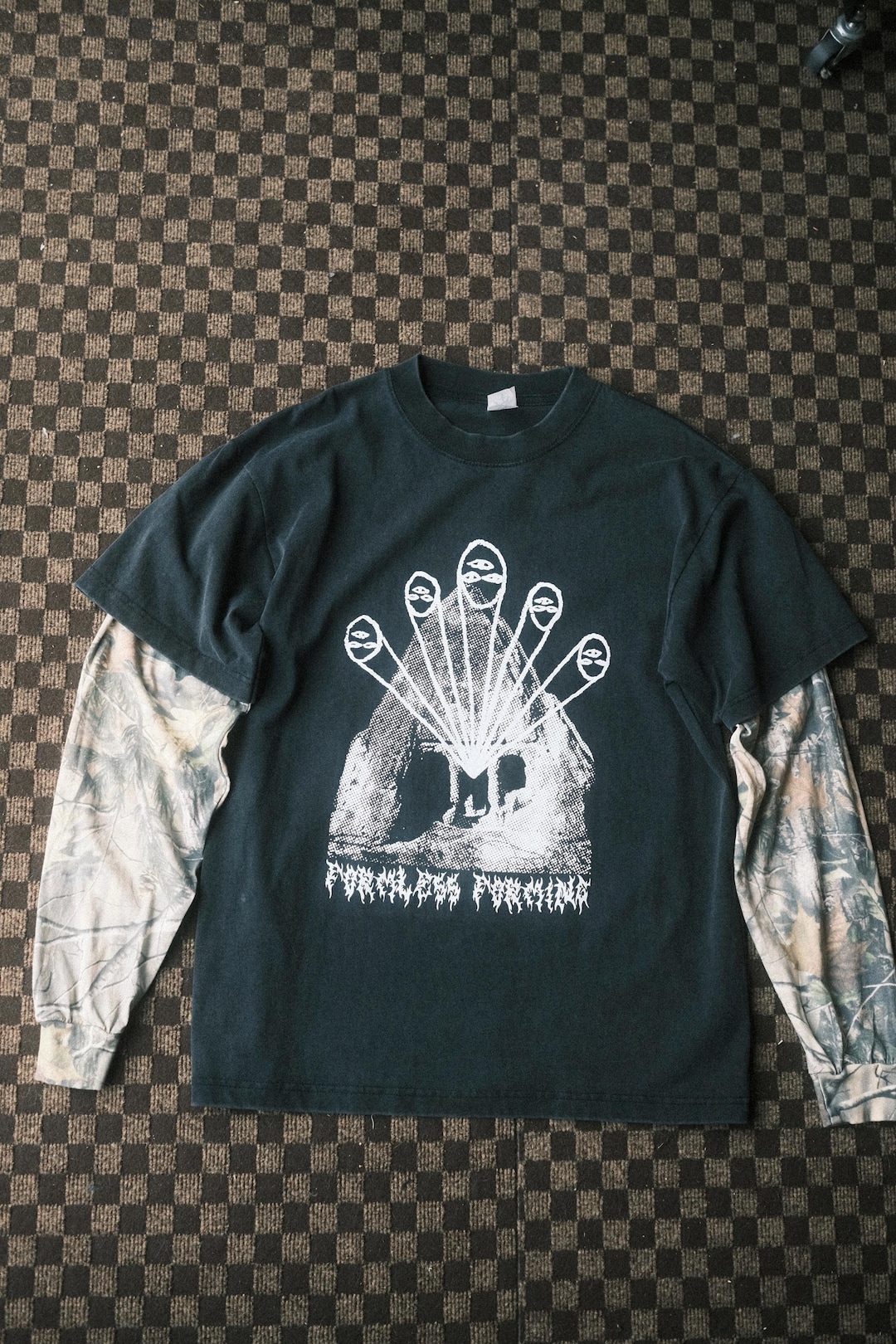 Y2K Layered Long Sleeve Shirt, Faded Black Tee, Camouflage Sleeves - Etsy