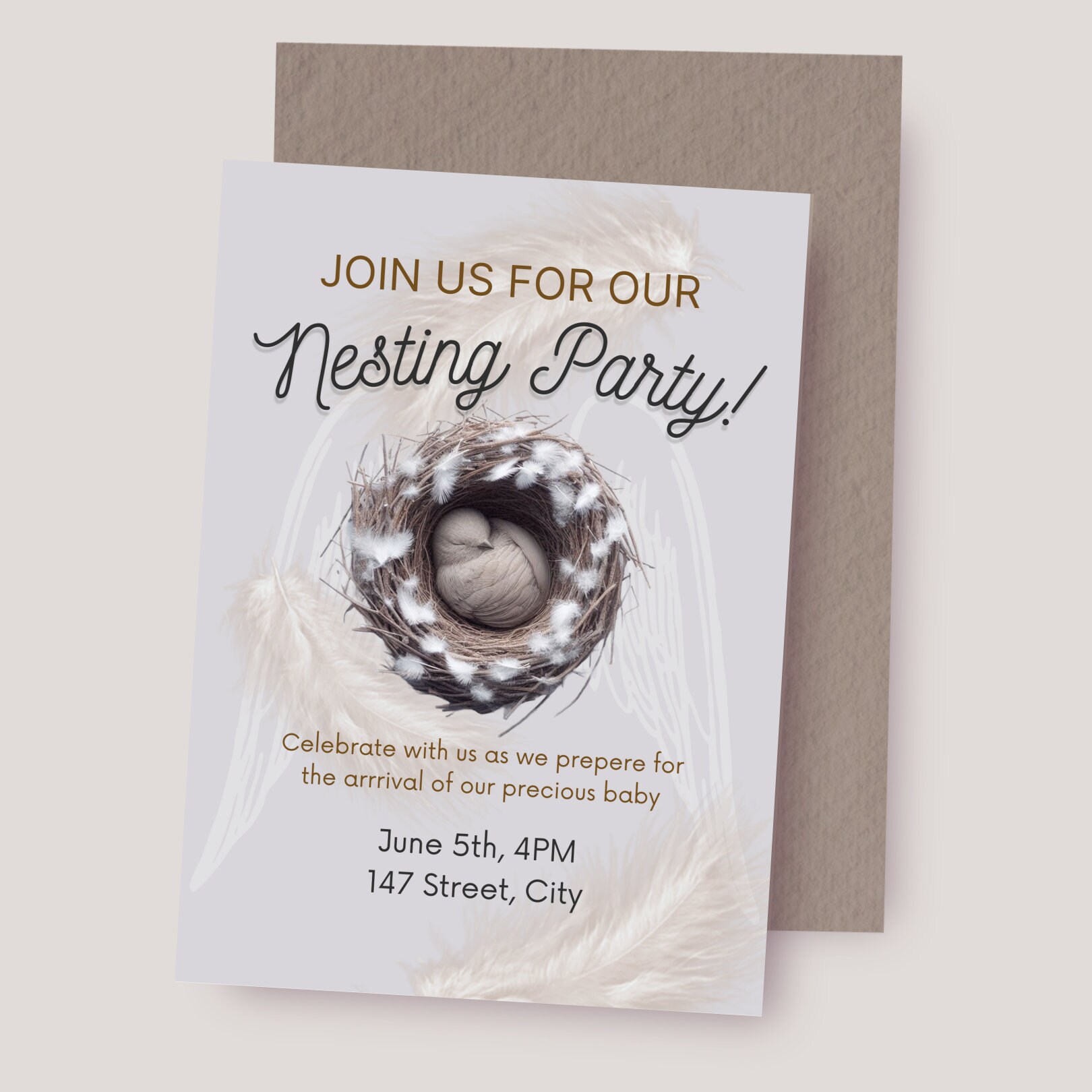 Nest Party Invitation Boho Gender Neutral Boy Girl White Beige Baby Gir ...