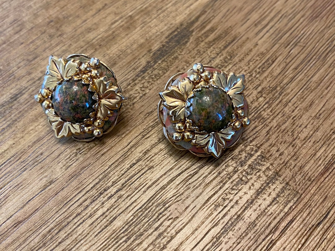 Vintage Mary Demarco Unakite Stone Gold Tone Clip on Earrings With Leaf ...