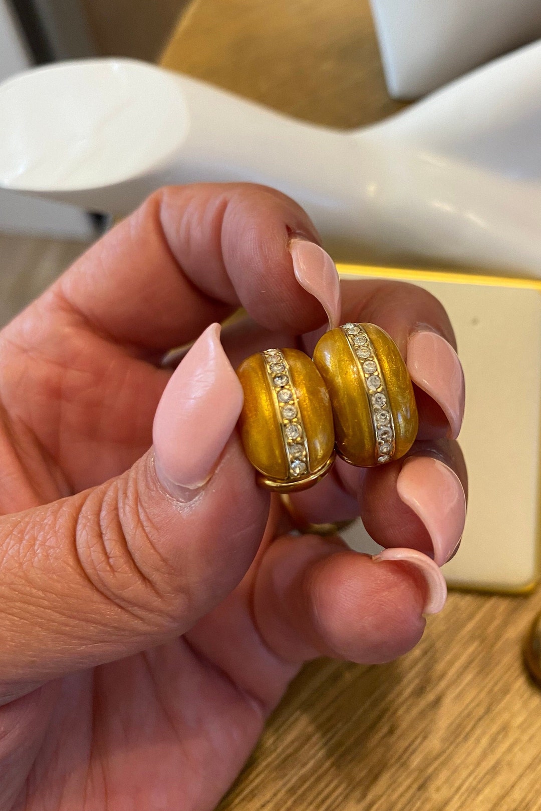 Vintage Erwin Pearl Clear Crystal Clip on Earrings Gold-yellow Enamel ...