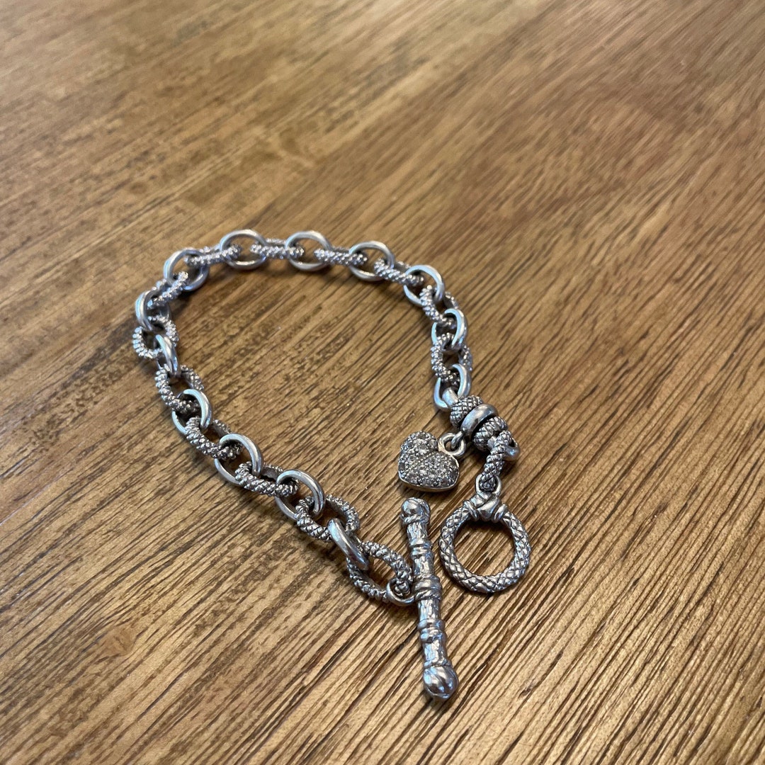 JUDITH RIPKA Bracelet Sterling CZ 7.75" Heart Charm Bridal Wedding ...