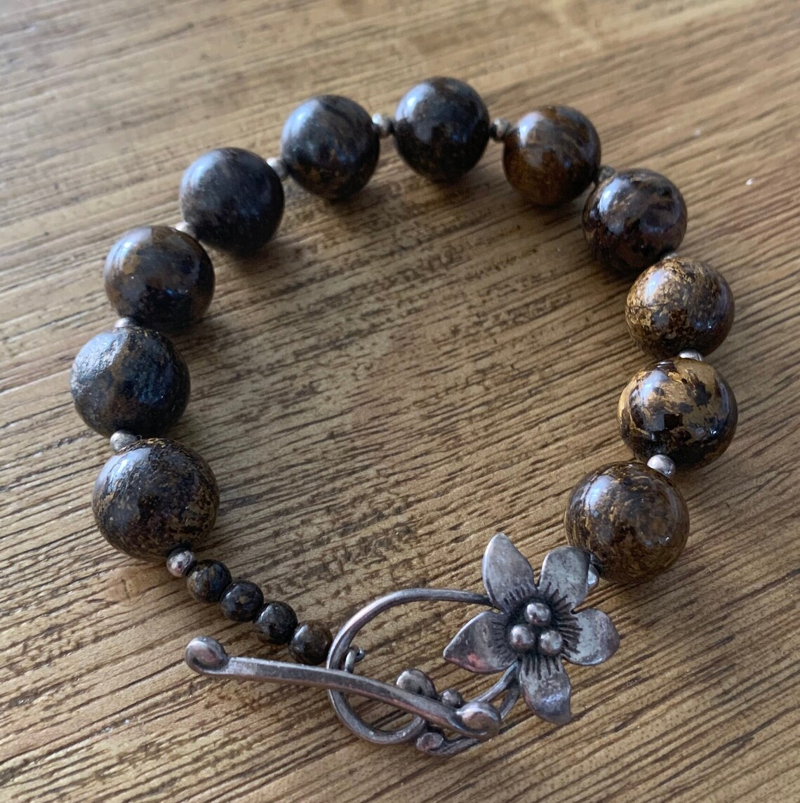 Silpada Bronzite Beaded Bracelet: Sterling Silver Flower Toggle, 7.75 ...