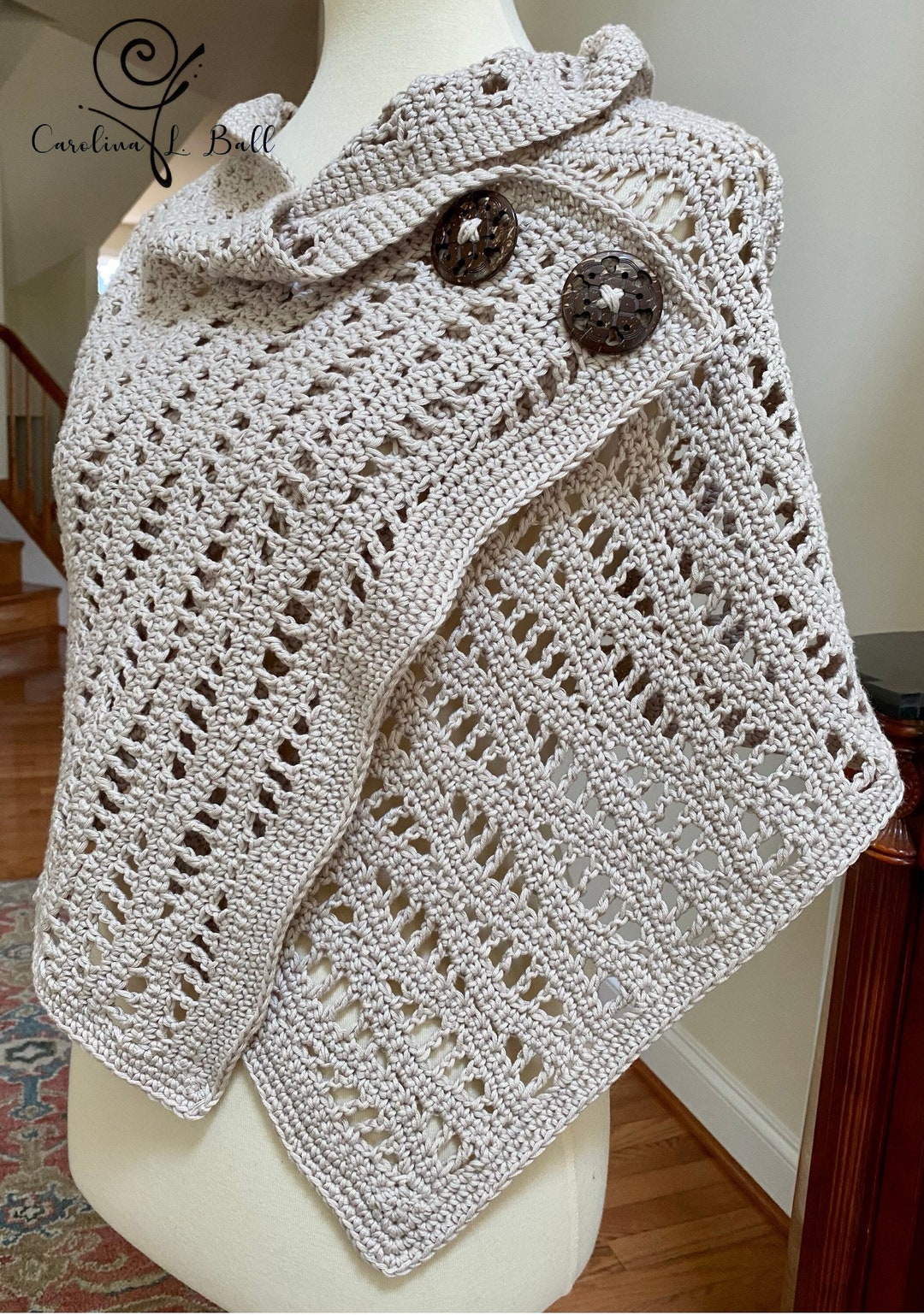 Crochet Lace Shawl-wrap/ Beige Cotton Thread/ Lightweight /with Two ...