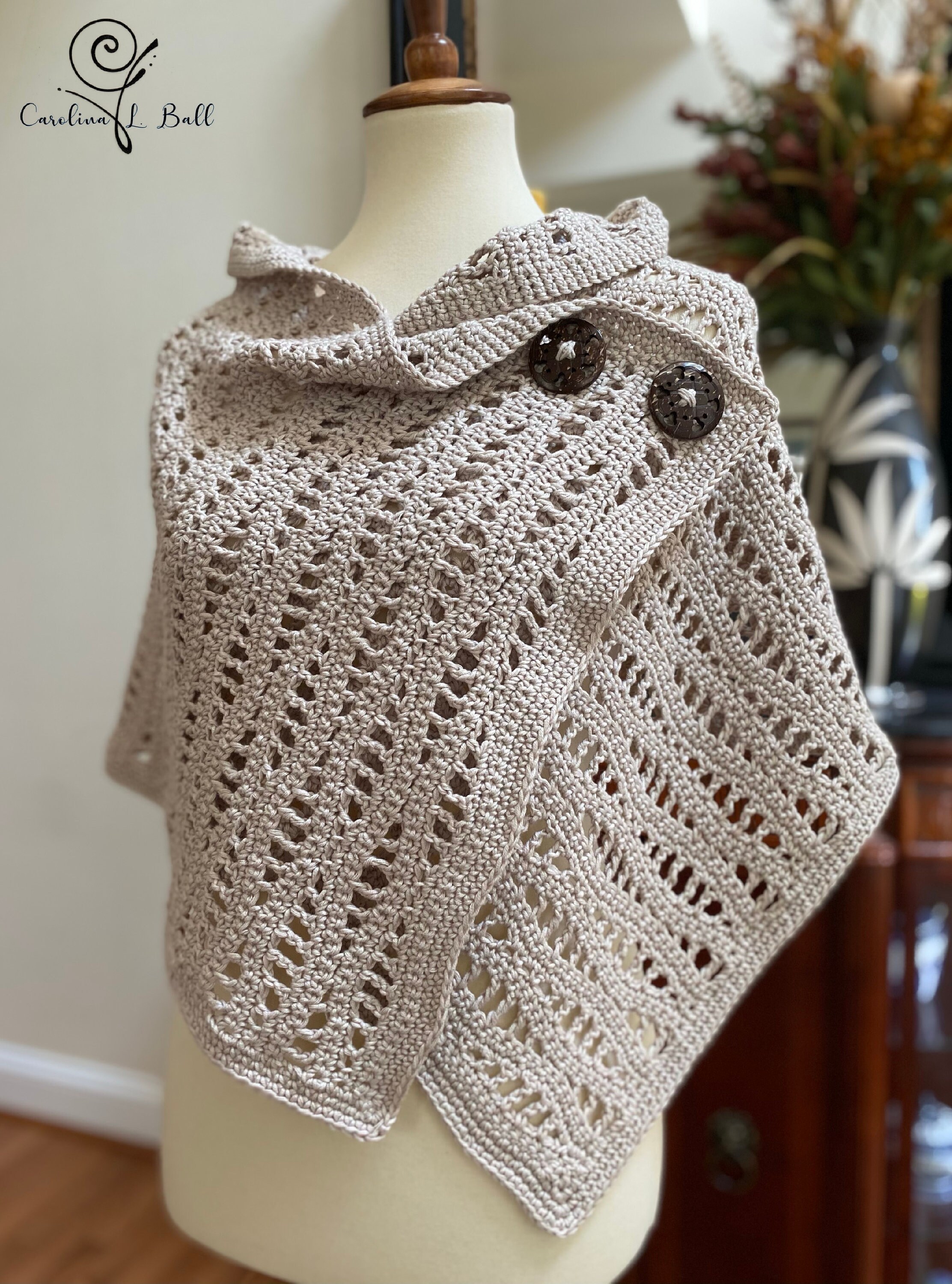 Crochet Lace Shawl-wrap/ Beige Cotton Thread/ Lightweight /with Two ...