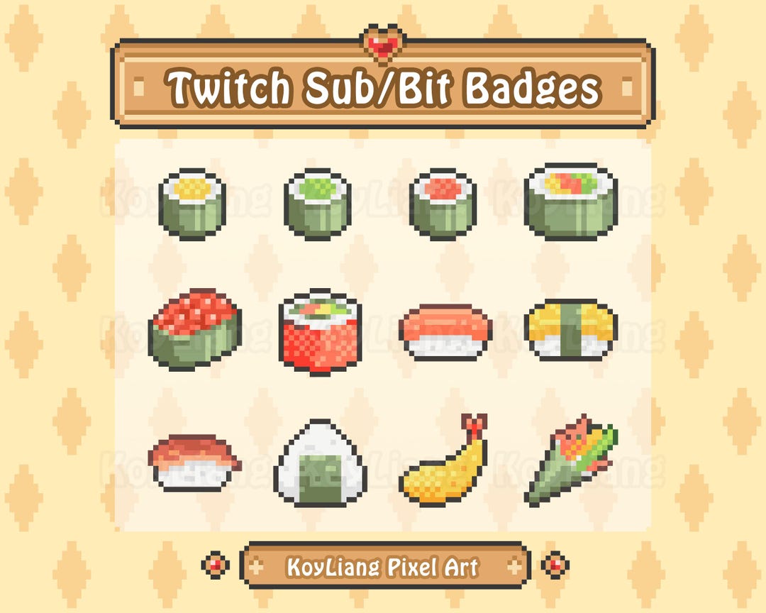 Sushi Sub Badges and Bit Badges Pack - Cute Pixel Style, Streamer ...