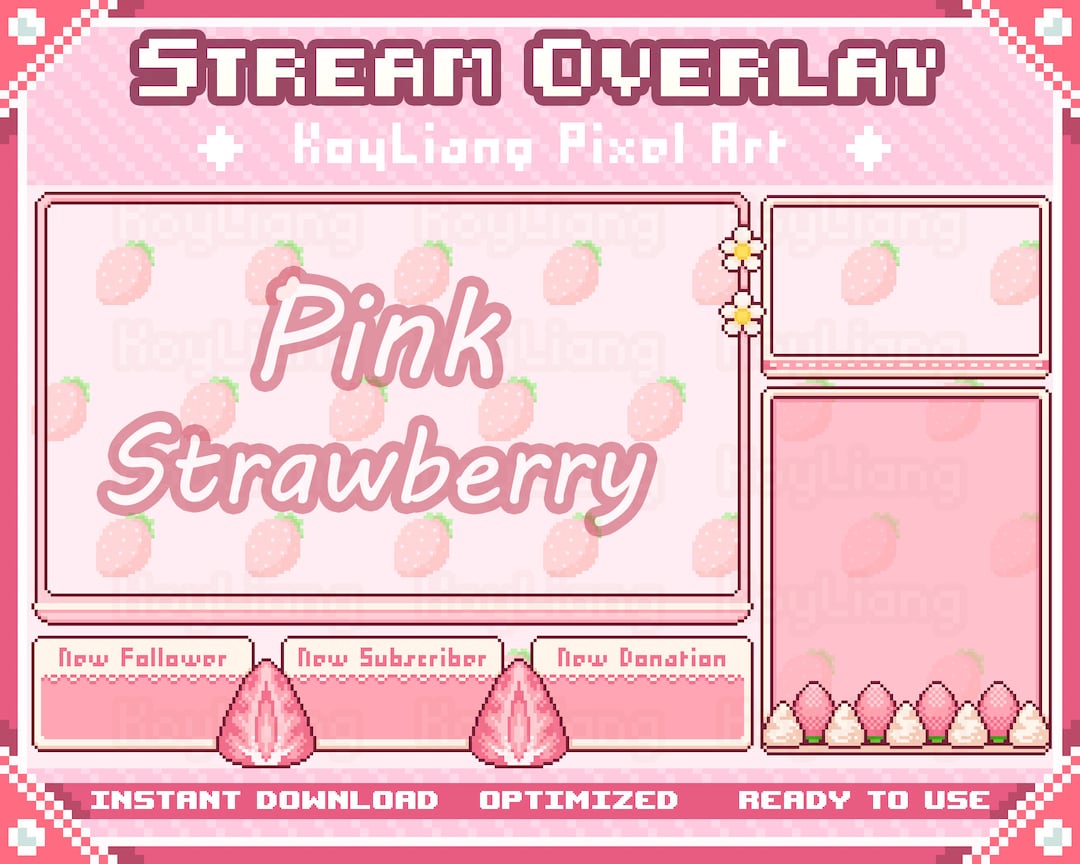 Twitch Overlays With Cute Pixel Strawberries - Kawaii Stream Layout ...