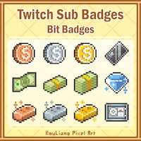 Twitch Sub Badges & Bits Tier Badges - Cute Pixel Art, Money Symbols ...