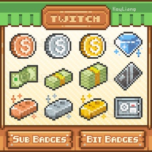 Twitch Sub Badges & Bits Tier Badges - Cute Pixel Art, Money Symbols ...
