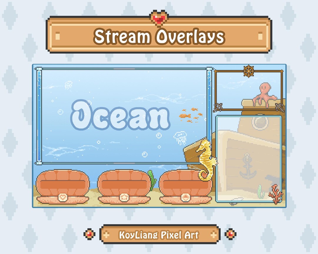 Cute Ocean Twitch Overlays & Webcam Border: Pixel Art Stream With ...