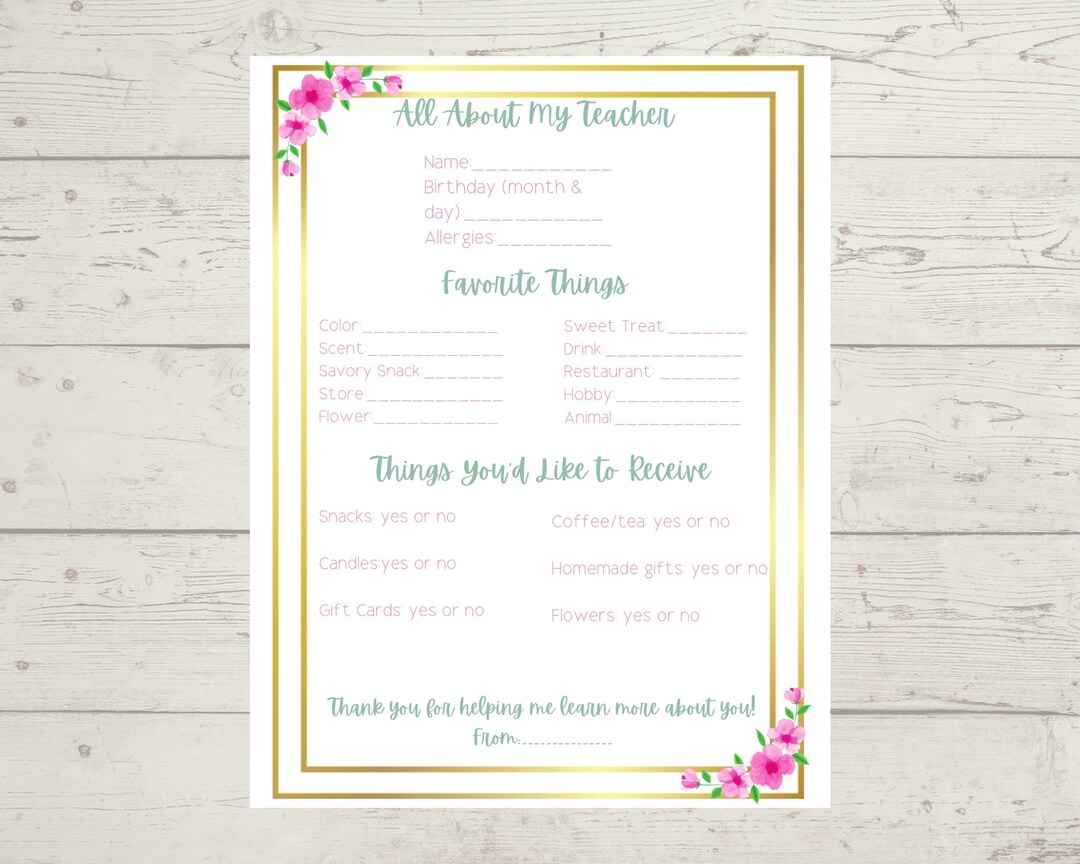 Teacher Favorite Things Form - Etsy