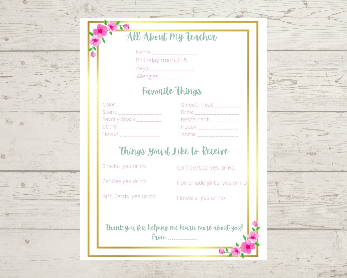 Teacher Favorite Things Form - Etsy