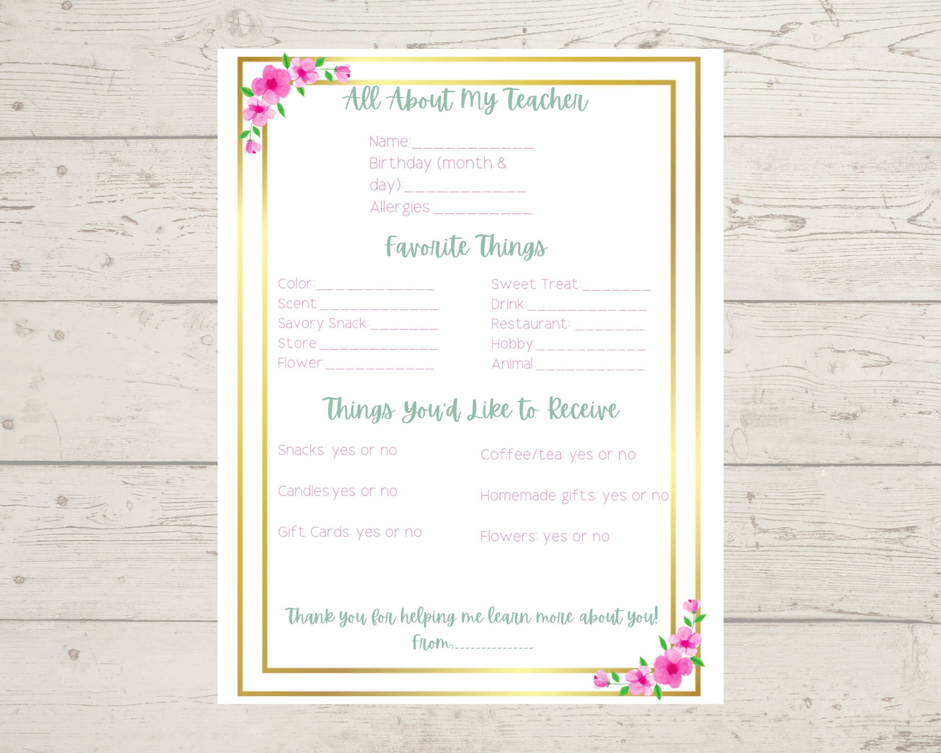 Teacher Favorite Things Form - Etsy