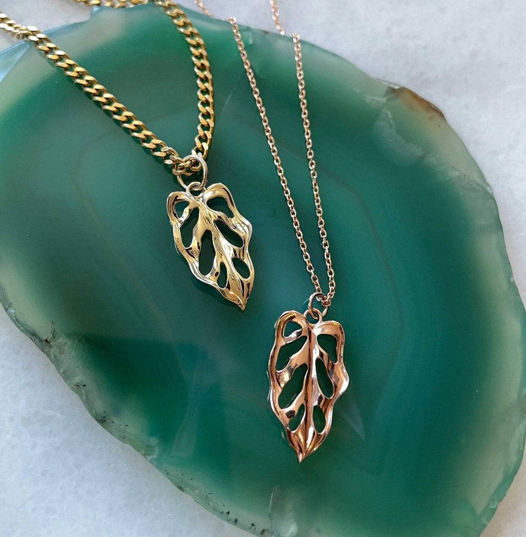 Monstera Leaf Solid 10k Gold Charm Necklace, Monstera Adansonii Charm ...