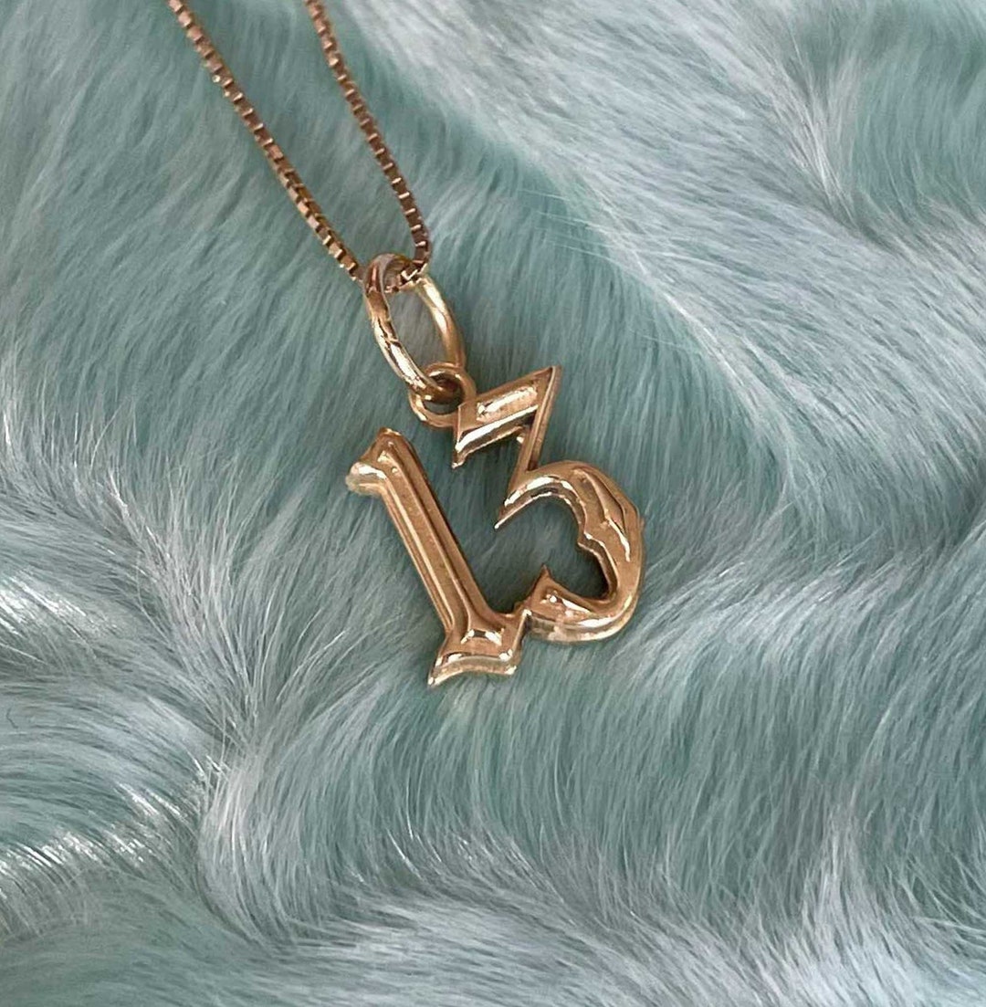 Lucky 13 Thirteen Gothic Charm, Solid 14k Gold Thirteen Charm, 14k Gold ...