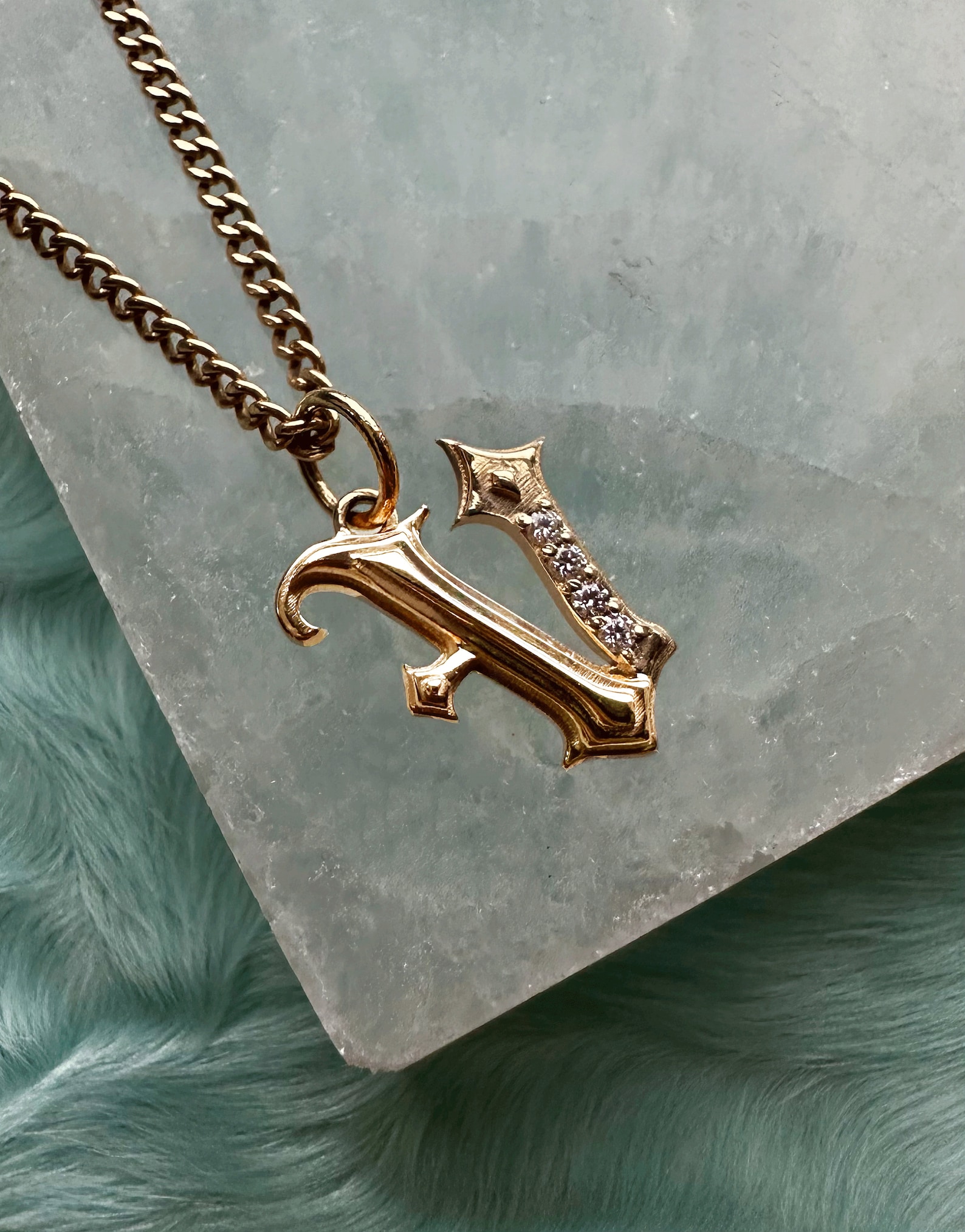 Gothic Initial V Charm, 14k Gold Diamonds Letter Charm, 14k Gold Gothic ...